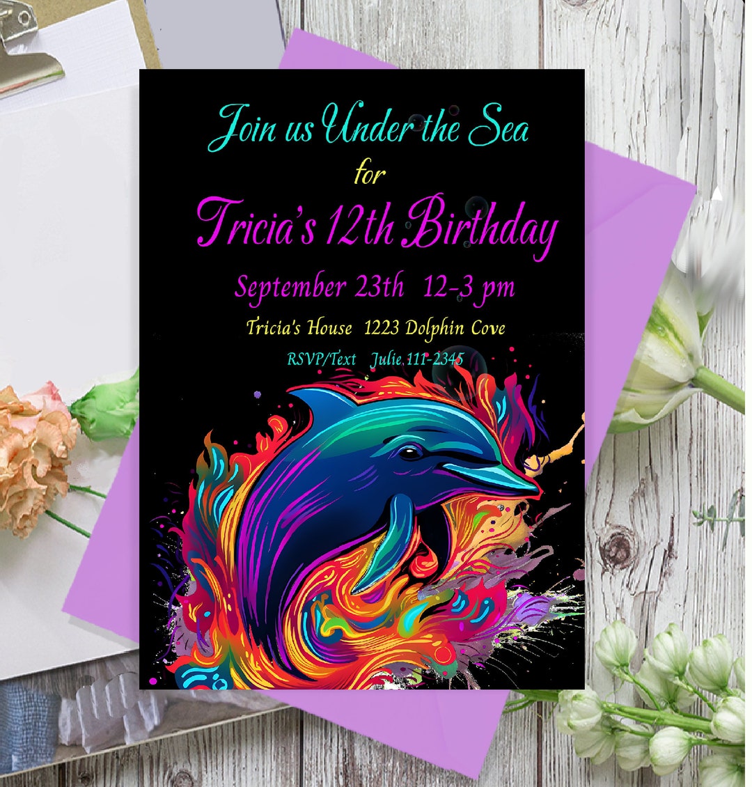 Dolphin Birthday Invitation, Neon Dolphin Invite, Beach Party, Neon ...