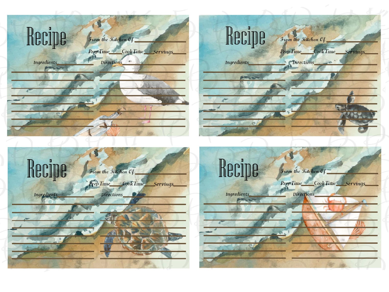 Beach Recipe Cards, Seashore Cards, Turtle Recipe Cards, 4x6 Printable ...