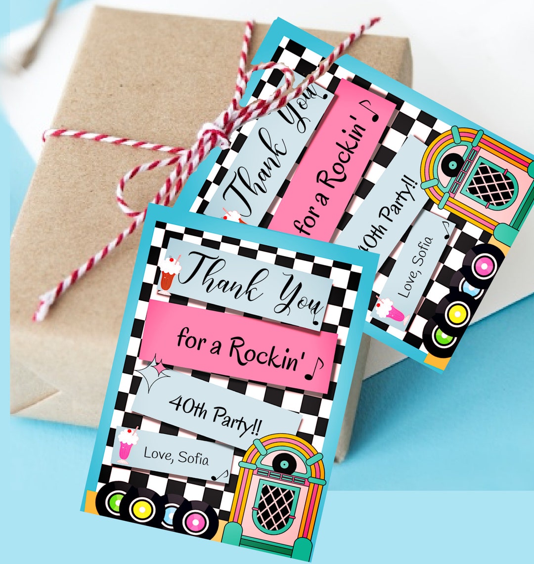 50's Birthday Thank You Tags, Jukebox, Sock Hop Birthday Favor Tags ...