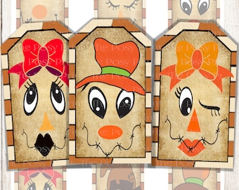 Scarecrow Tags, Scarecrow Faces, Vintage Look, Autumn Tags, Holiday ...