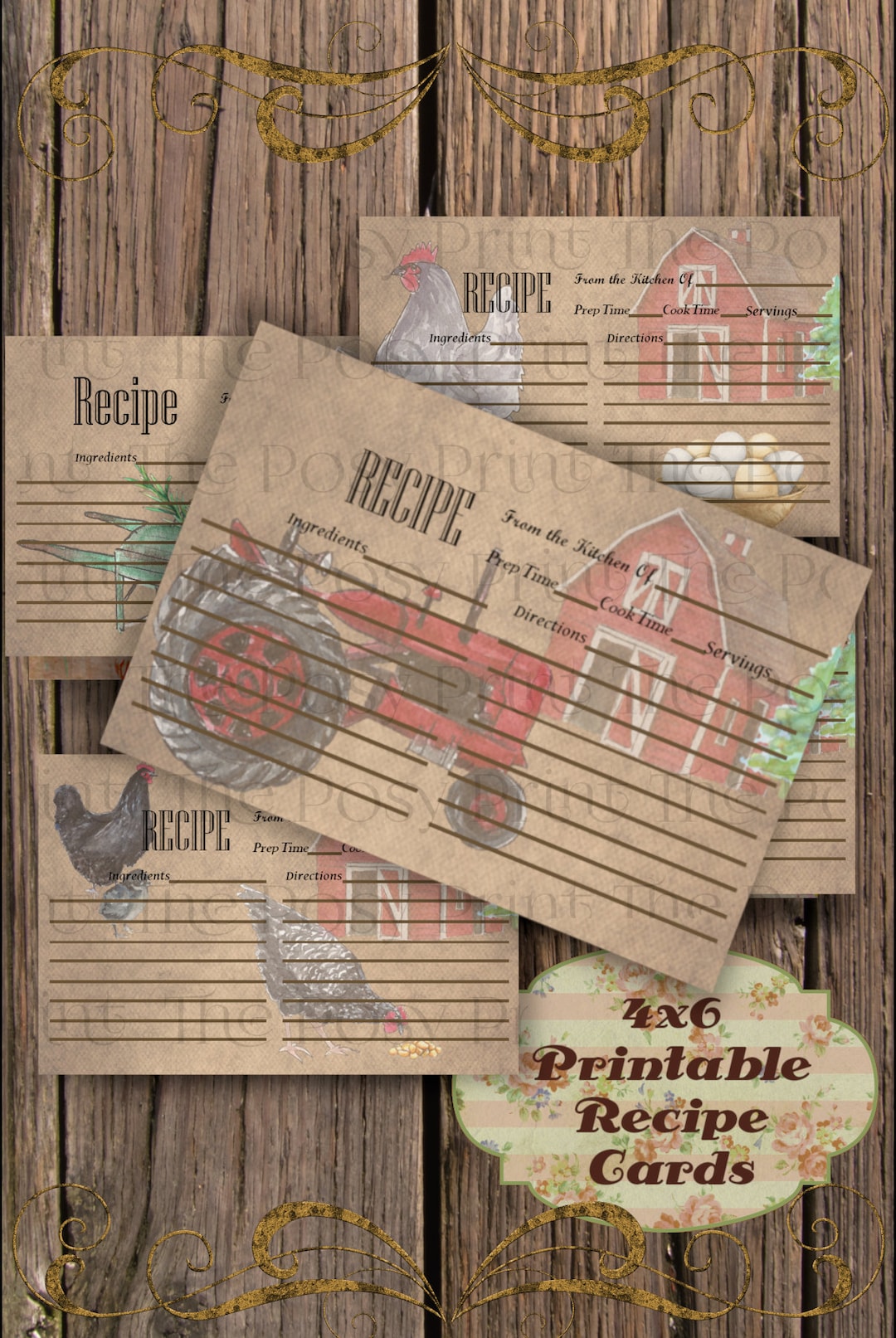 Farm Recipe Cards, Country Recipe Cards, 4x6 Printable Recipe Cards ...