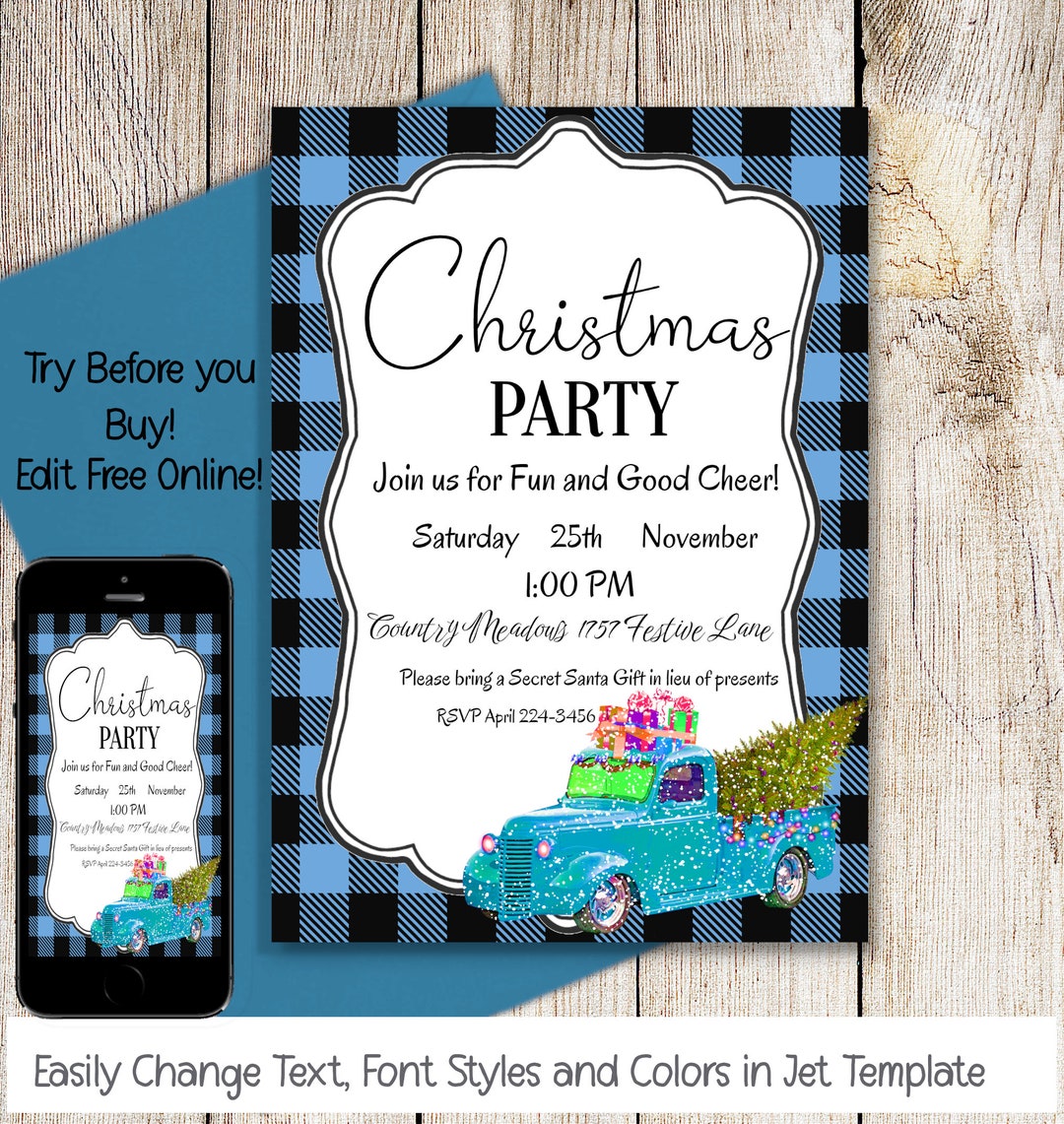 Buffalo Plaid Editable Christmas Party Blue Truck Christmas - Etsy