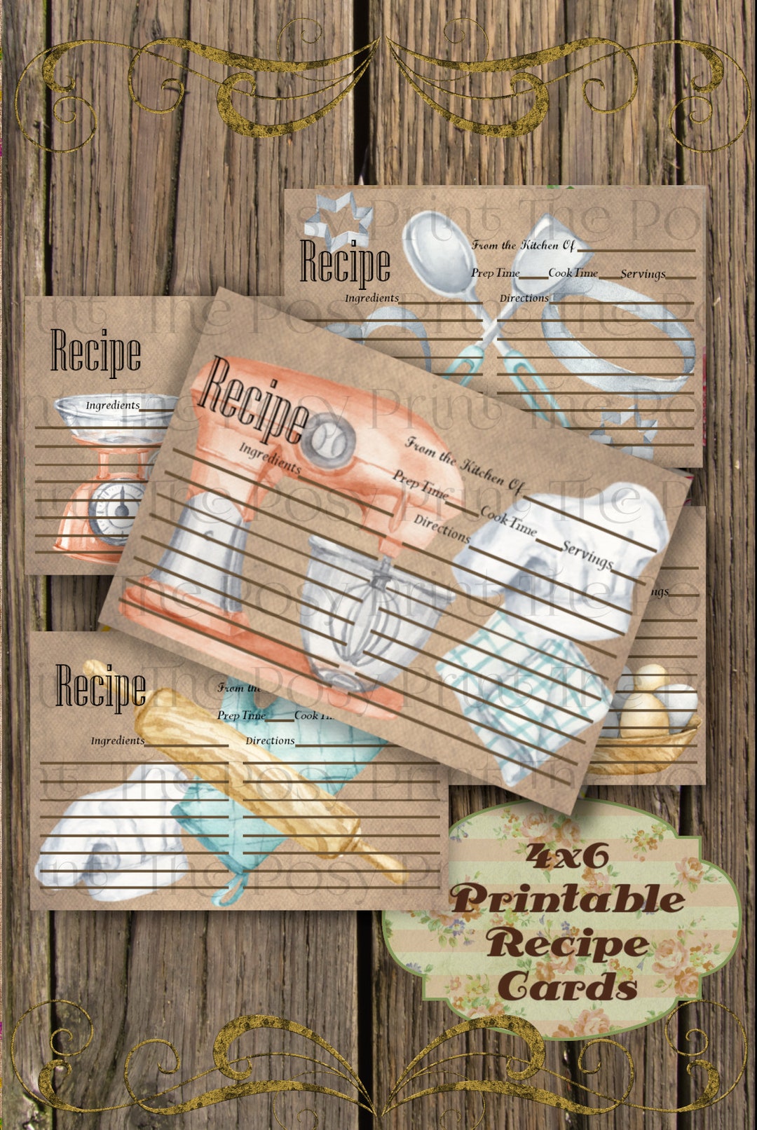 Baking Recipe Cards, Watercolor Baking, 4x6 Printable Recipe Cards ...