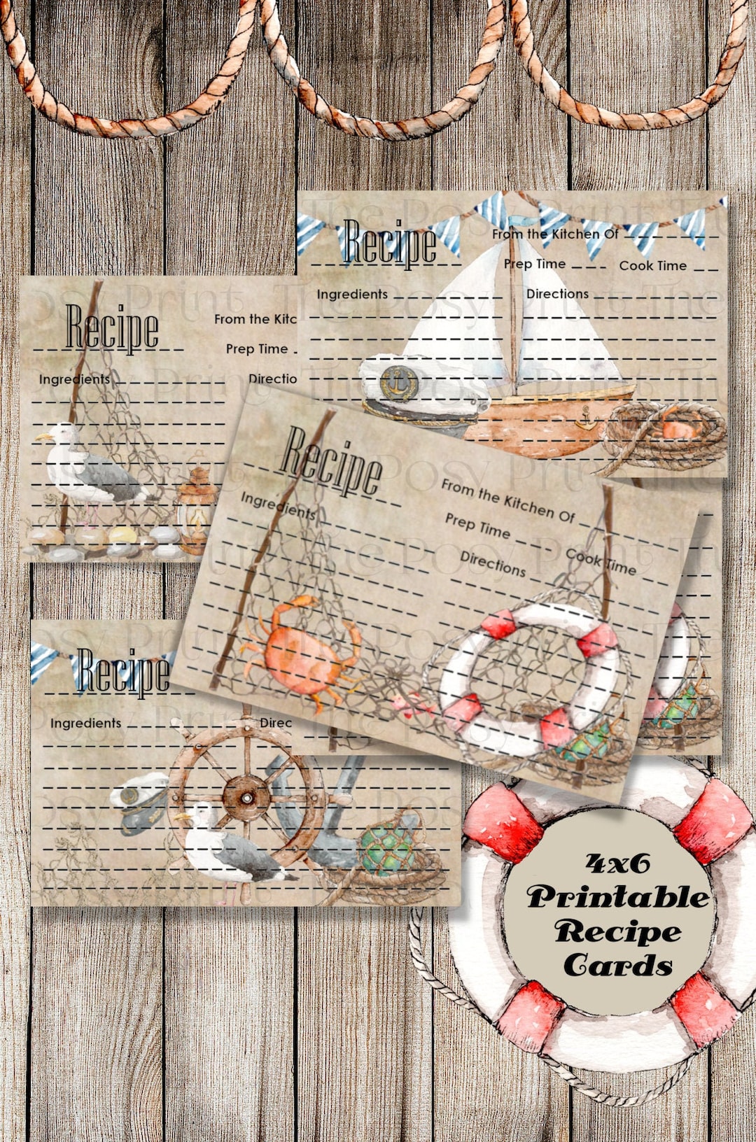 Nautical Recipe Cards, Boating Recipe Cards, 4x6 Printable Recipe Cards ...