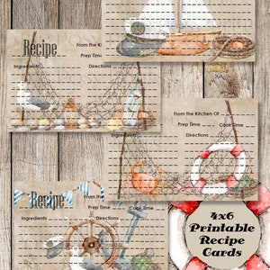 Nautical Recipe Cards, Boating Recipe Cards, 4x6 Printable Recipe Cards ...