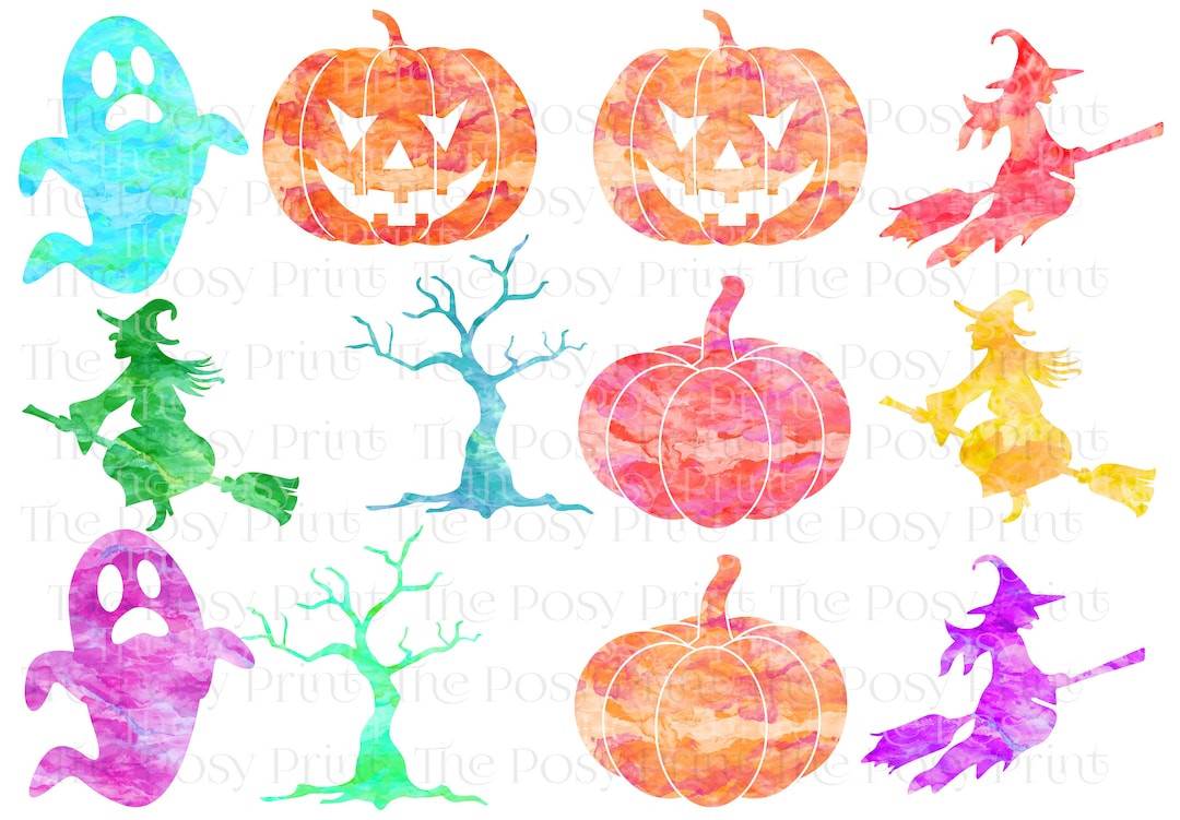 Halloween Clip Art, Watercolor Mix, Halloween PNG , Witch, Pumpkin ...
