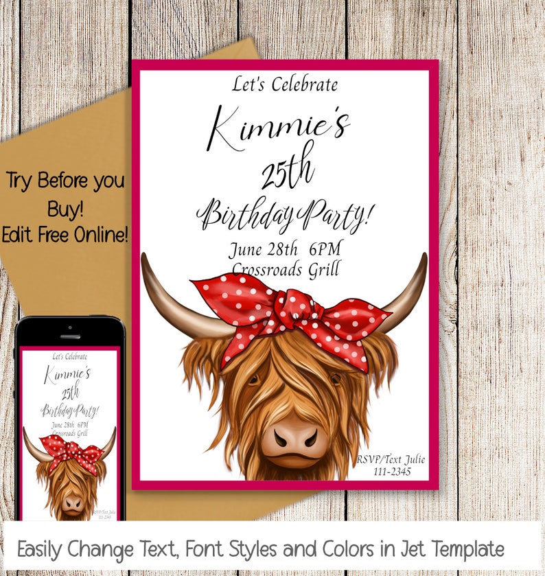 Cow Invitation Highland Cow Birthday Party Editable Party - Etsy