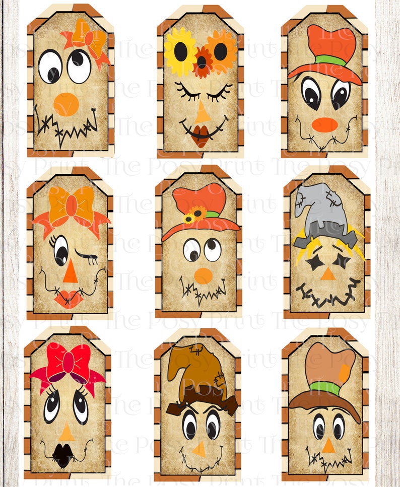 Scarecrow Faces, Scarecrow Tags, Autumn Tags, Halloween, Holiday Tags ...