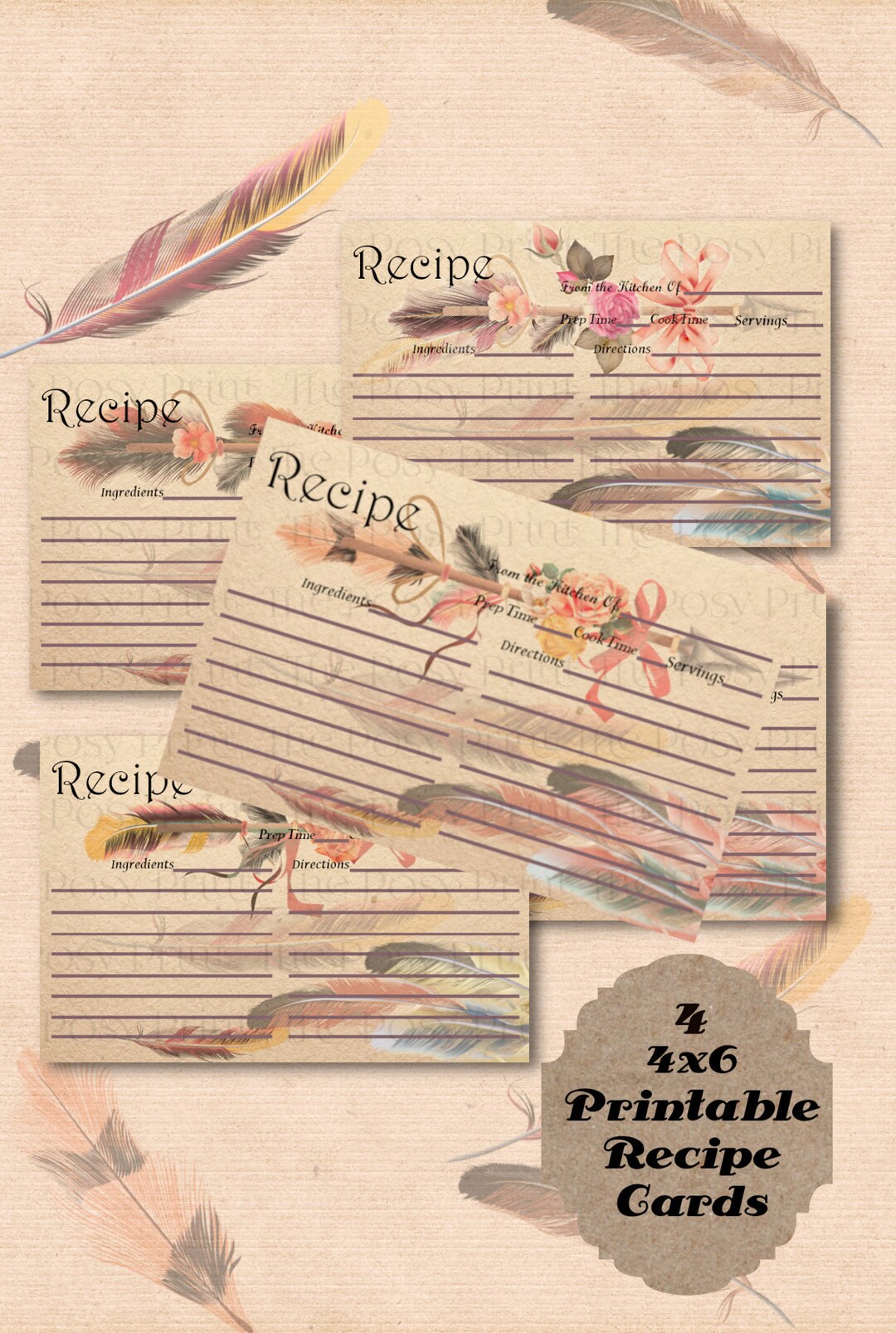 Feather Recipe Cards Watercolor Shabby Chic 4x6 Printable - Etsy New ...