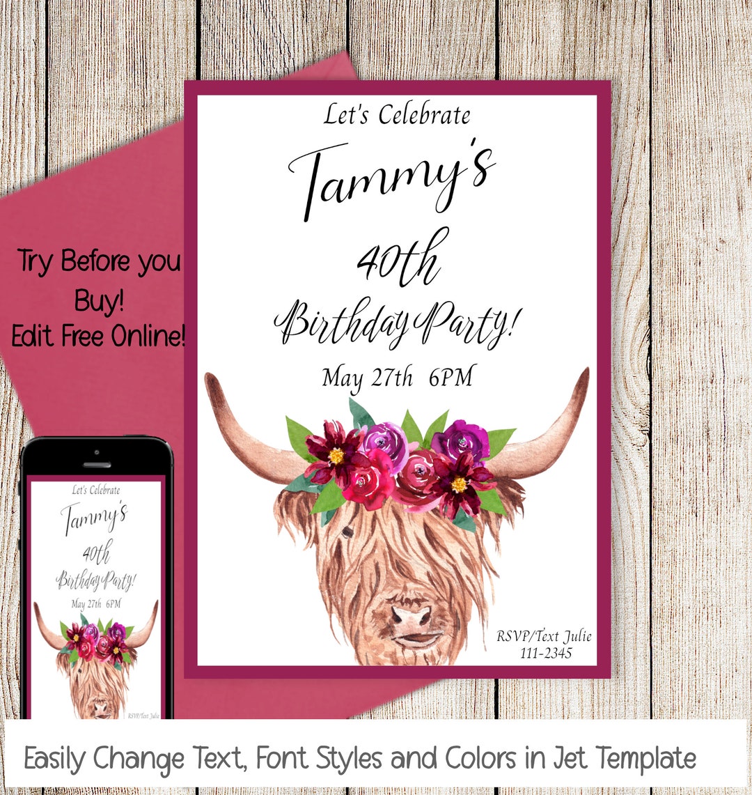 Highland Cow Invitation, Cow Birthday Party, Floral Cow, Farm Invite ...