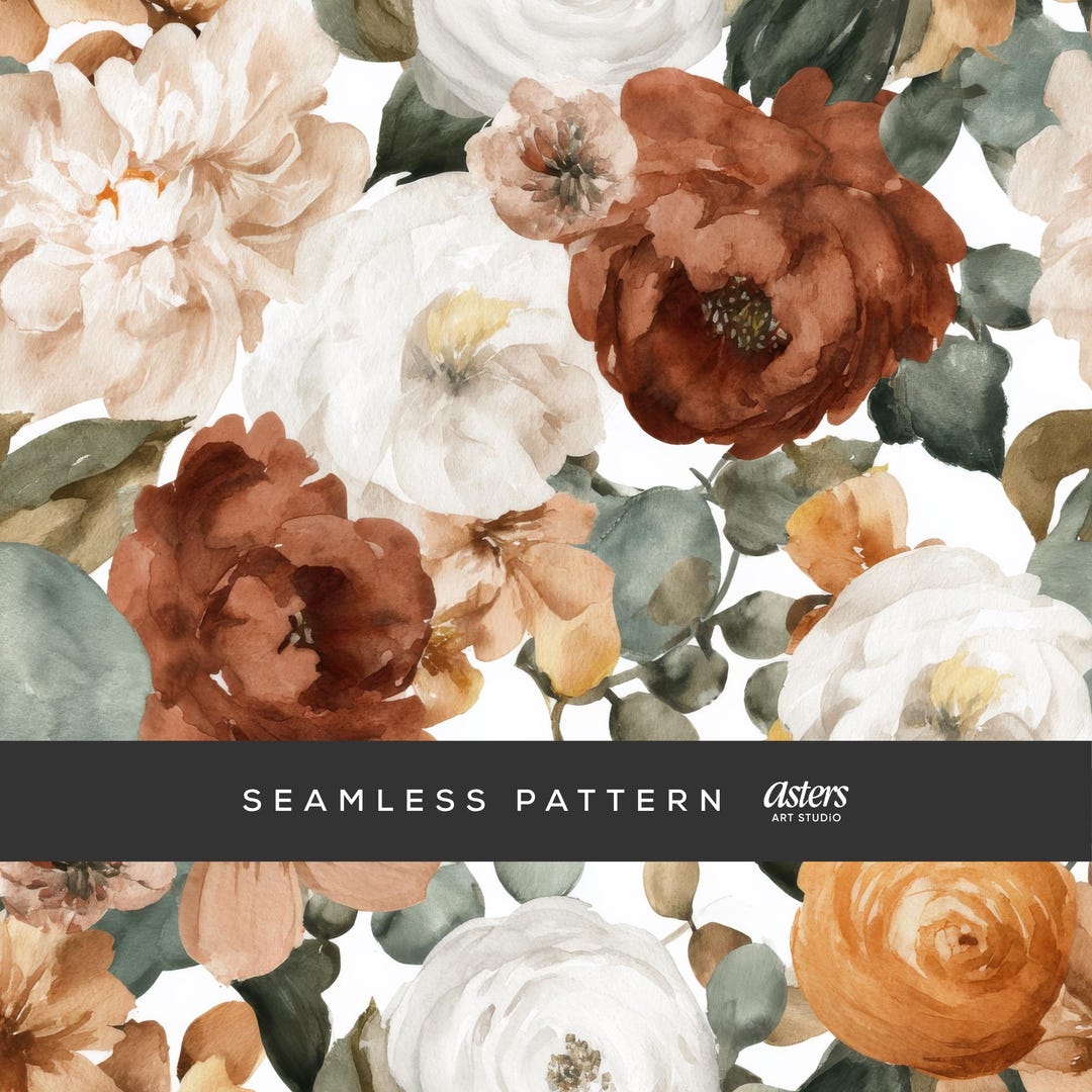 Muted Autumn Florals Seamless Pattern Watercolor Peonies Fall Flowers ...