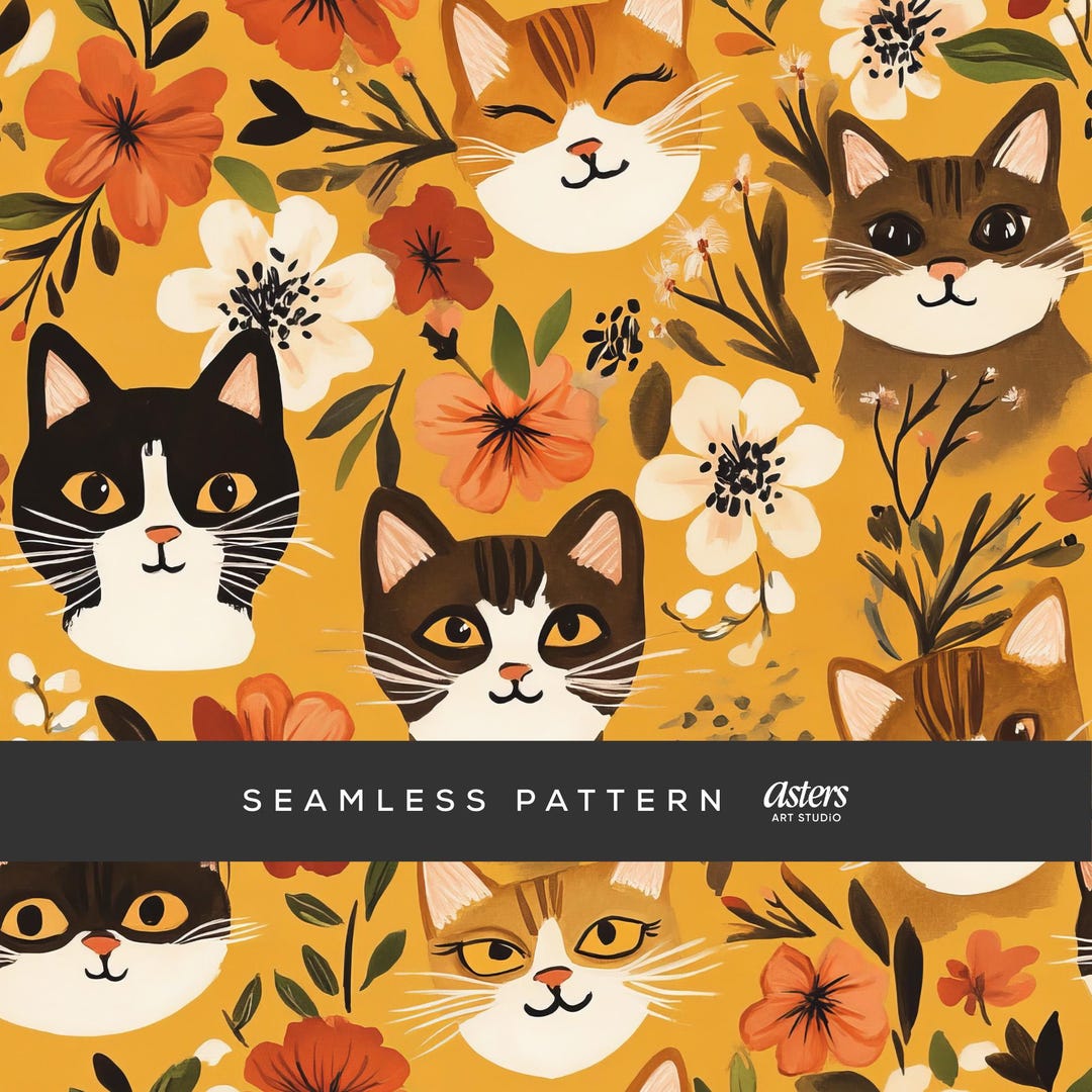 Cats Seamless Pattern, Cute Autumn Cat Lover Digital Paper With ...