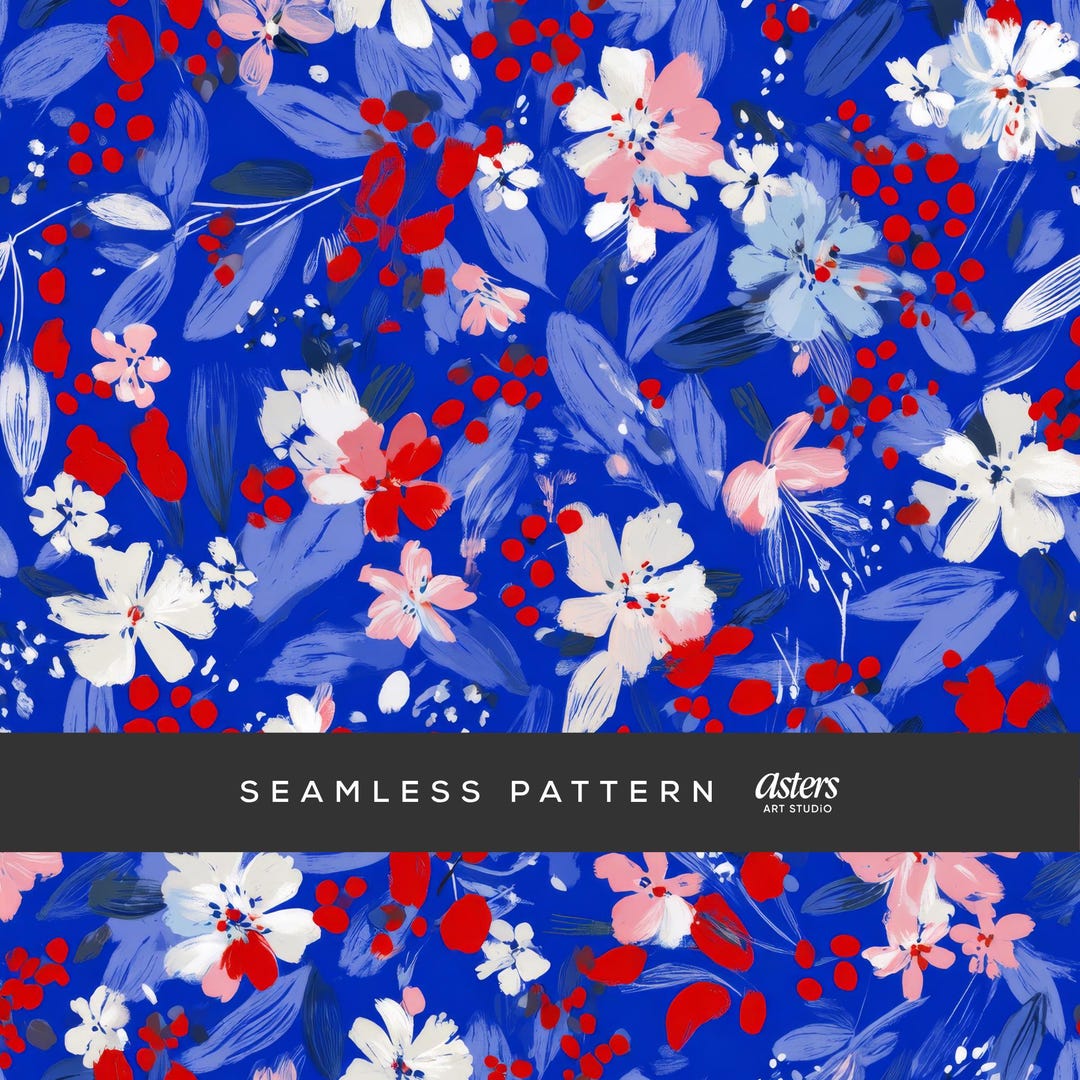 4th of July Ditsy Floral Seamless Pattern, Red White and Blue Digital ...