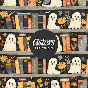 Bookish Ghost Seamless Pattern, Haunted Library Digital Paper ...