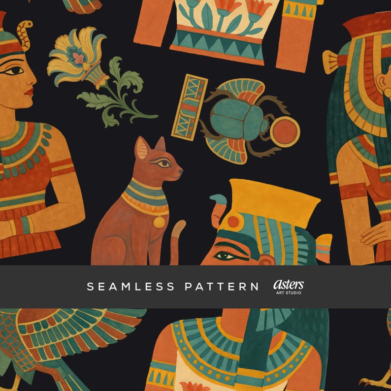 Ancient Egyptian Seamless Pattern With Cleopatra Pharaoh Cat Scarab and ...