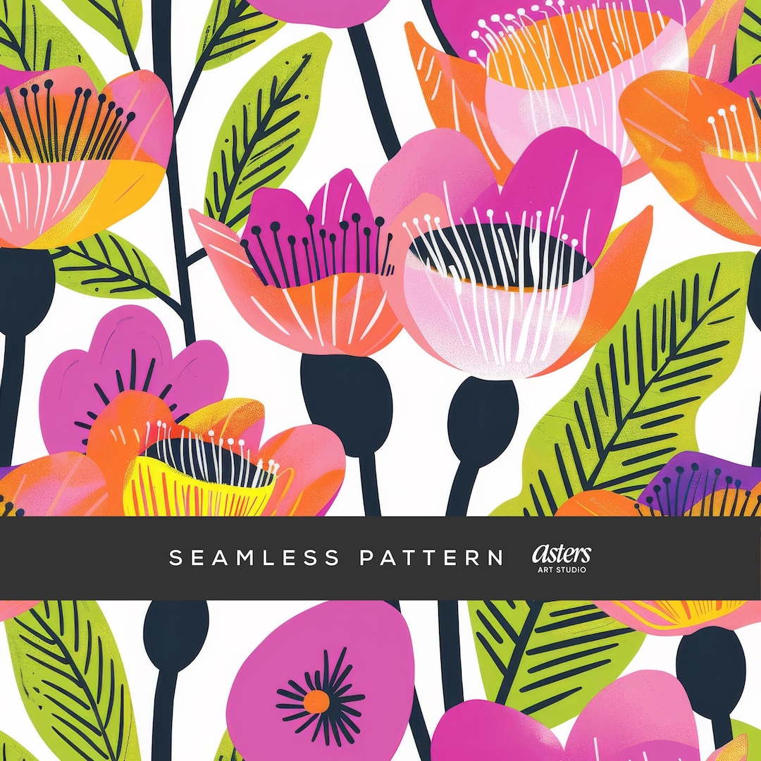 Preppy Maximalist Floral Seamless Pattern Digital Paper Bright Abstract ...