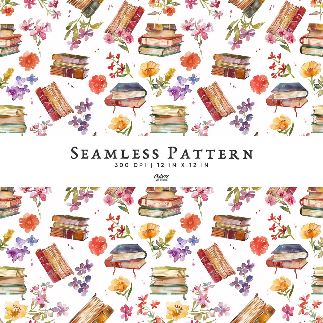 Books Seamless Pattern Book Flowers Digital Paper Book Lover Book ...