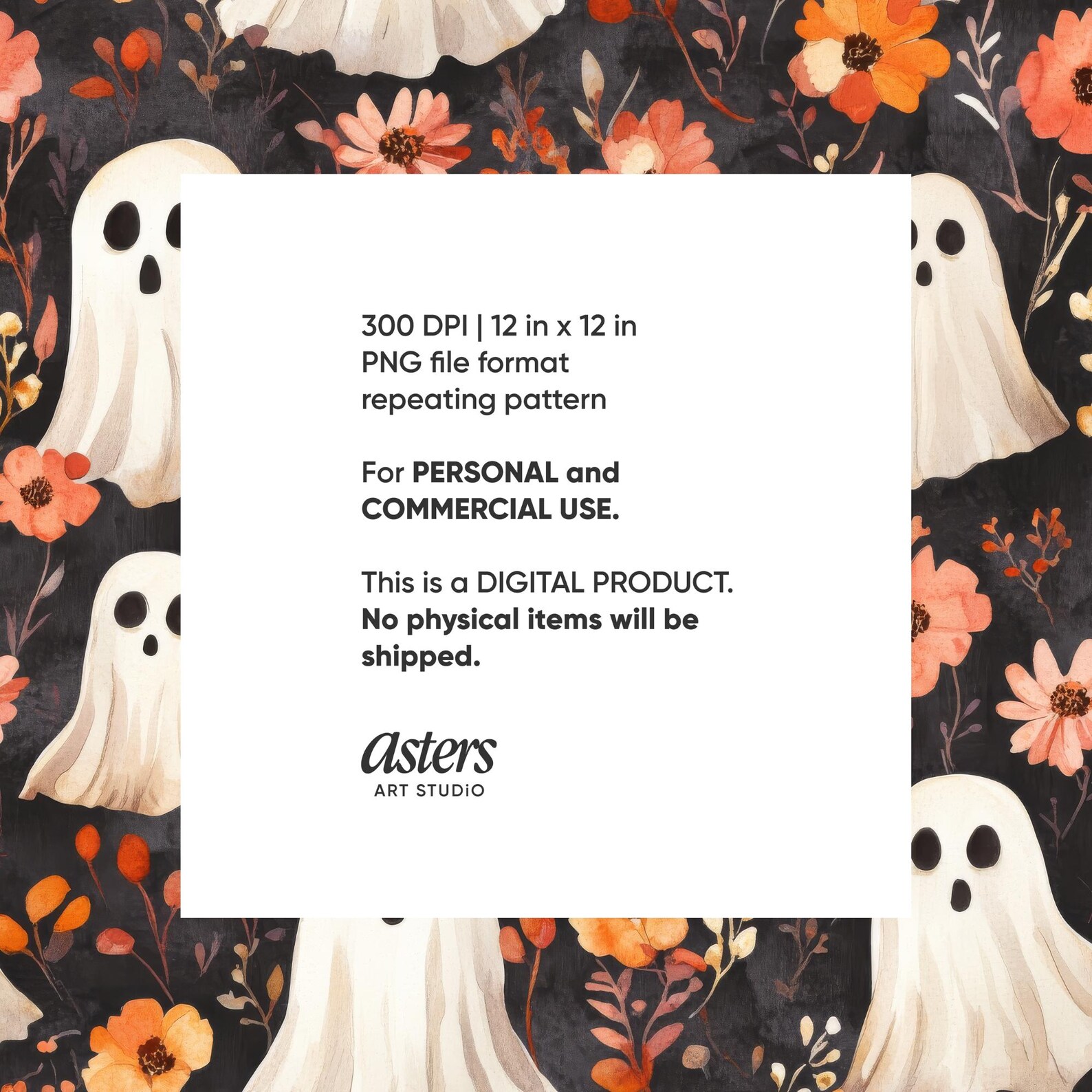 Halloween Ghost Floral Seamless Pattern, Spooky Cute Autumn Digital ...