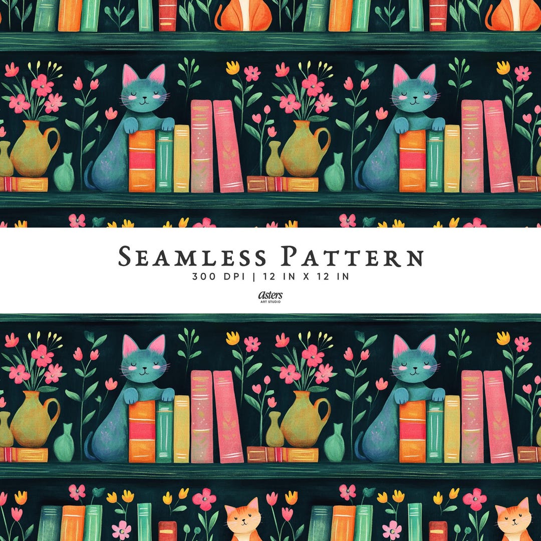 Cats and Books Seamless Pattern Bookish Cat Seamless Pattern Library ...