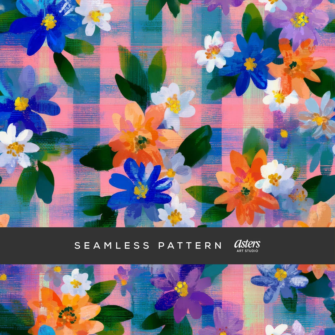 Wildflower Gingham Seamless Pattern, Spring Floral Digital Paper ...