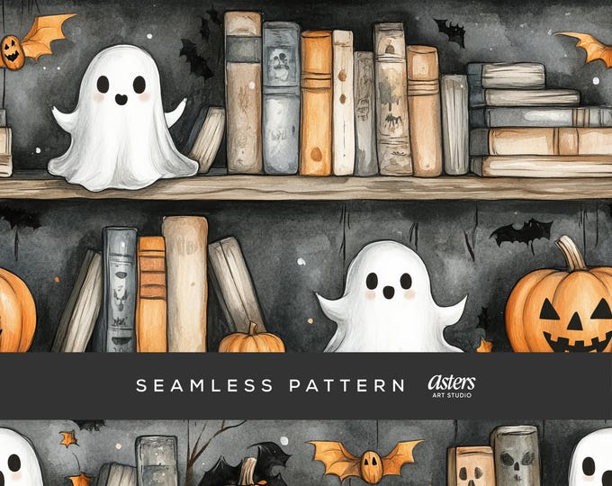 Bookish Ghost Seamless Pattern Haunted Library Digital Paper Book Lover ...