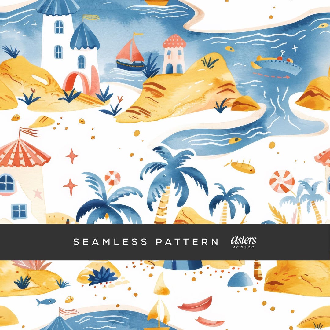 Summer Beach Scene Seamless Pattern, Summer Beach Digital Paper ...