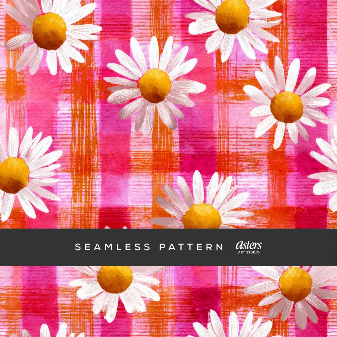 Pink Gingham Daisy Seamless Pattern, Gingham Floral Digital Paper ...
