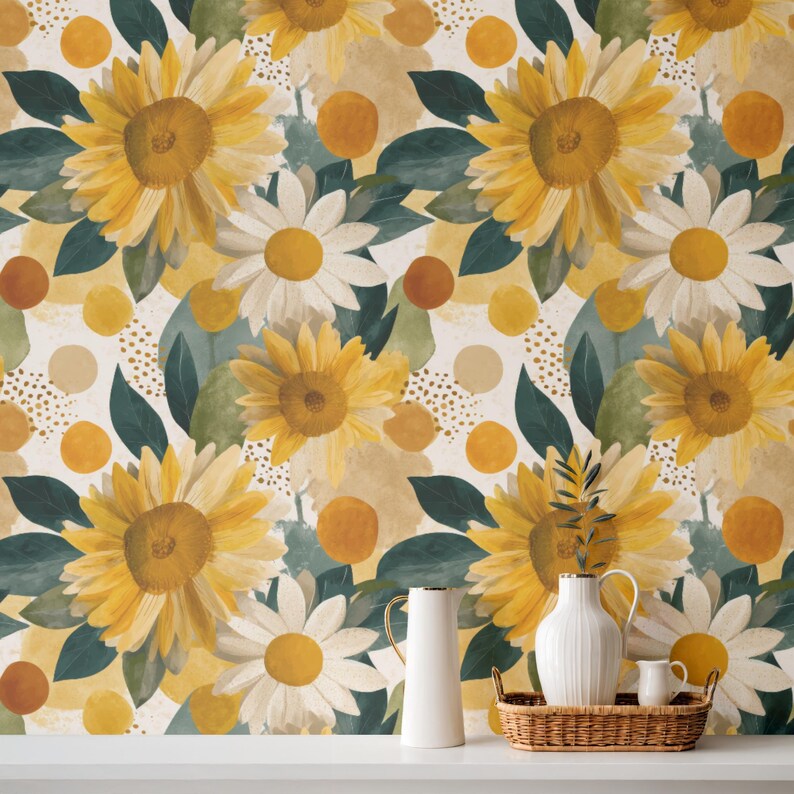 Seamless Sunflowers and Daisy Pattern, 70s Retro Floral Digital Paper ...