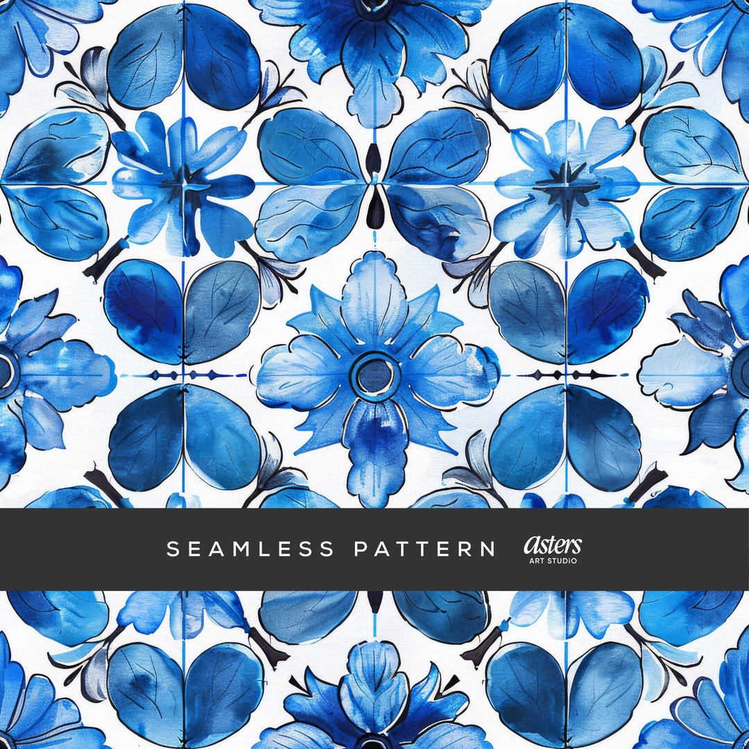 Mediterranean Blue Tiles Seamless Pattern Watercolor Spanish Tile ...