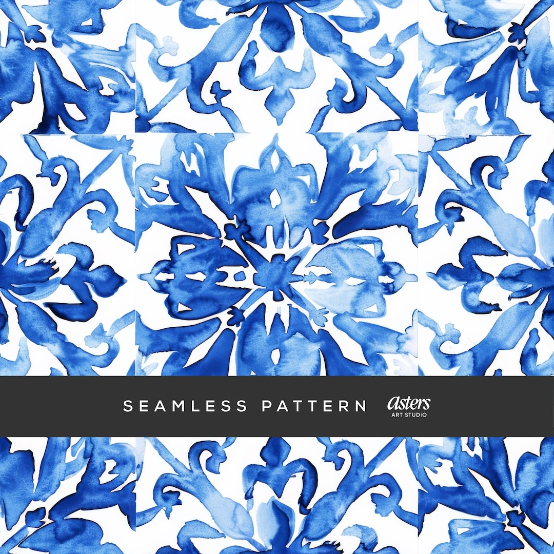 Sicilian Tile Seamless Pattern, Blue Italian Ceramic Tile Digital Paper ...