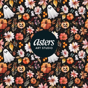Halloween Floral Ghost Seamless Pattern, Spooky Autumn Pumpkin Digital ...