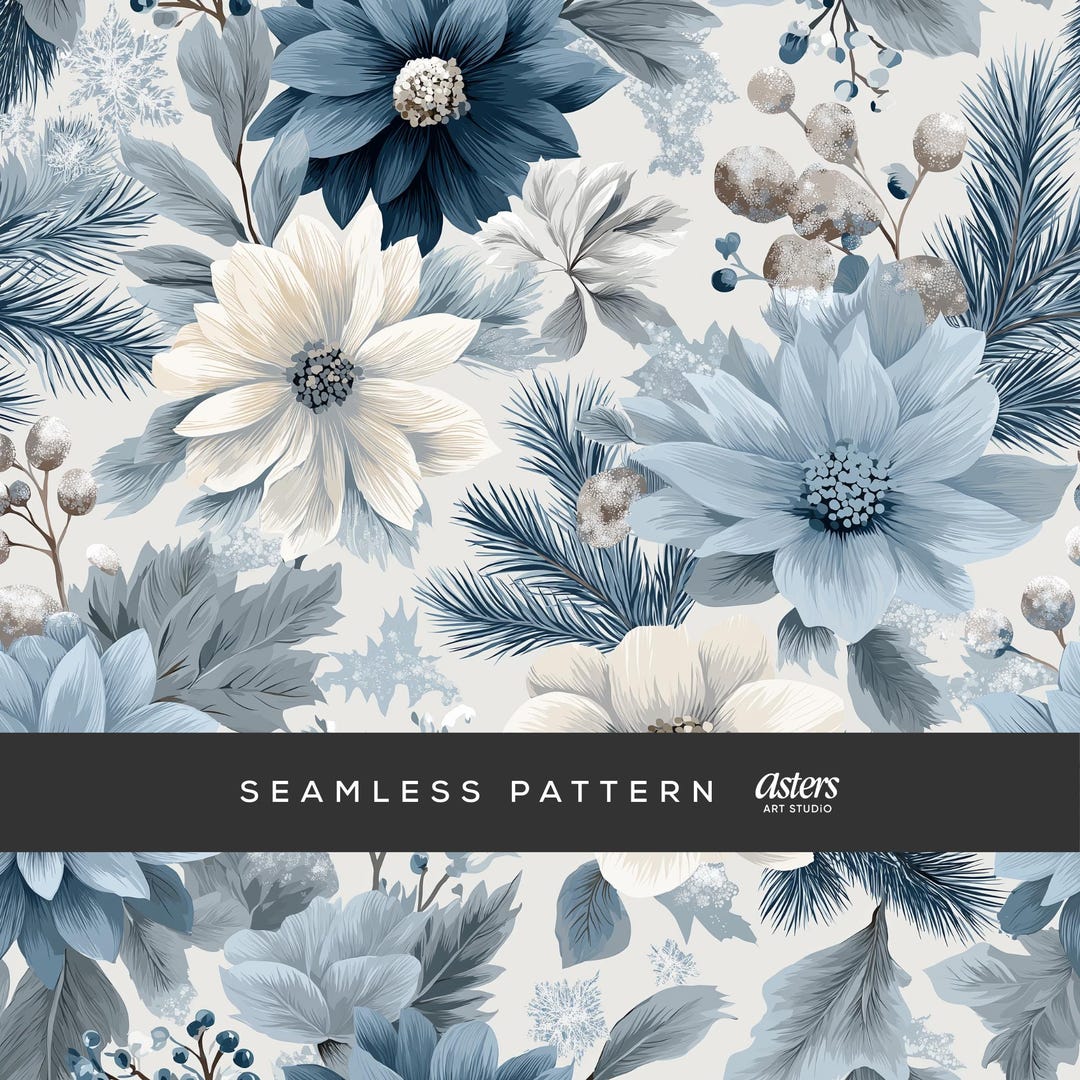 Blue and White Winter Florals Seamless Pattern With Christmas Blooms ...