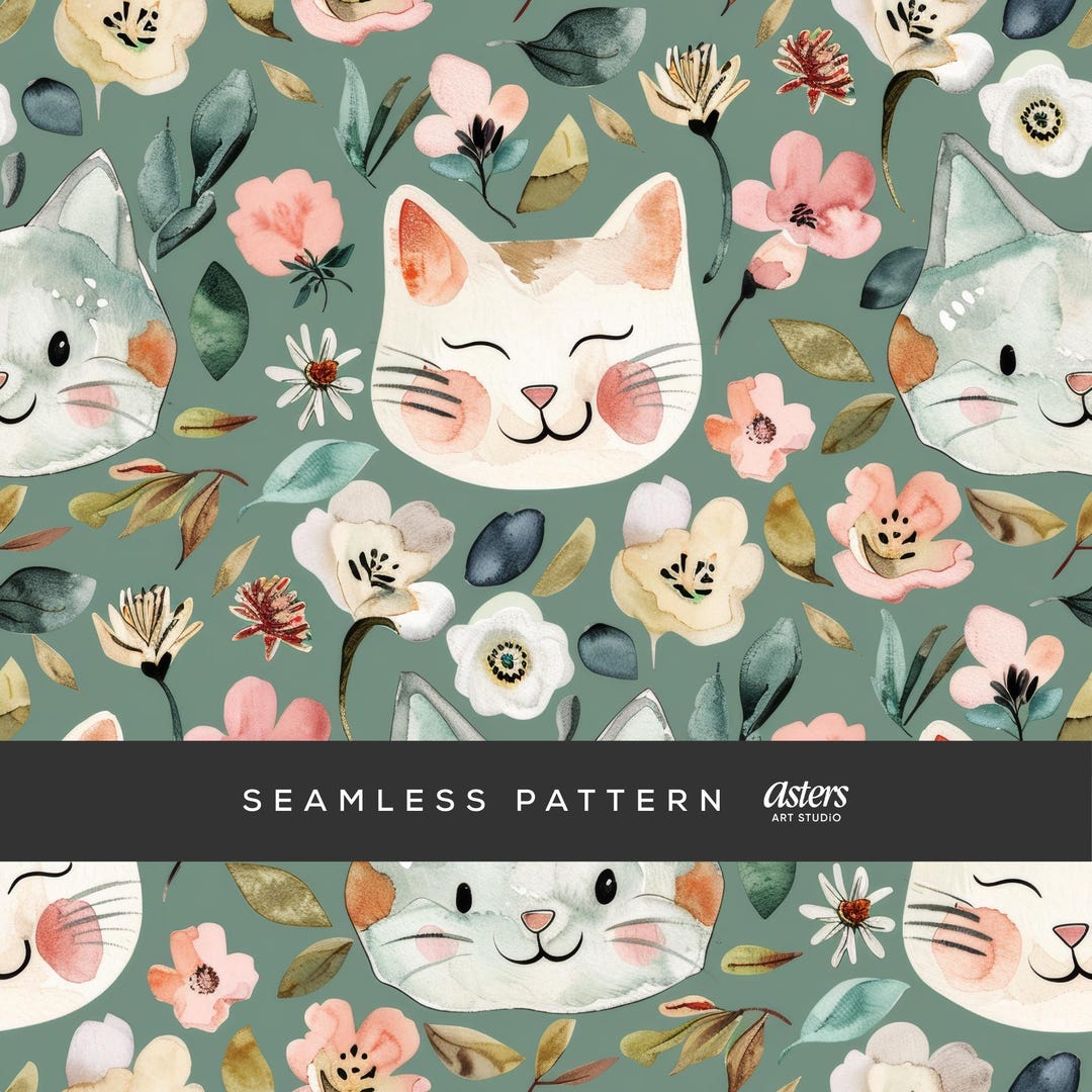 Sage Green Cat Seamless Pattern, Watercolor Floral Cats Digital Paper ...