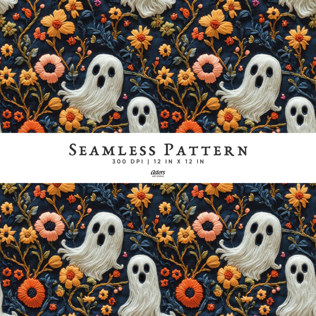 3D Embroidery Halloween Floral Ghost Seamless Faux Embroidery Halloween ...