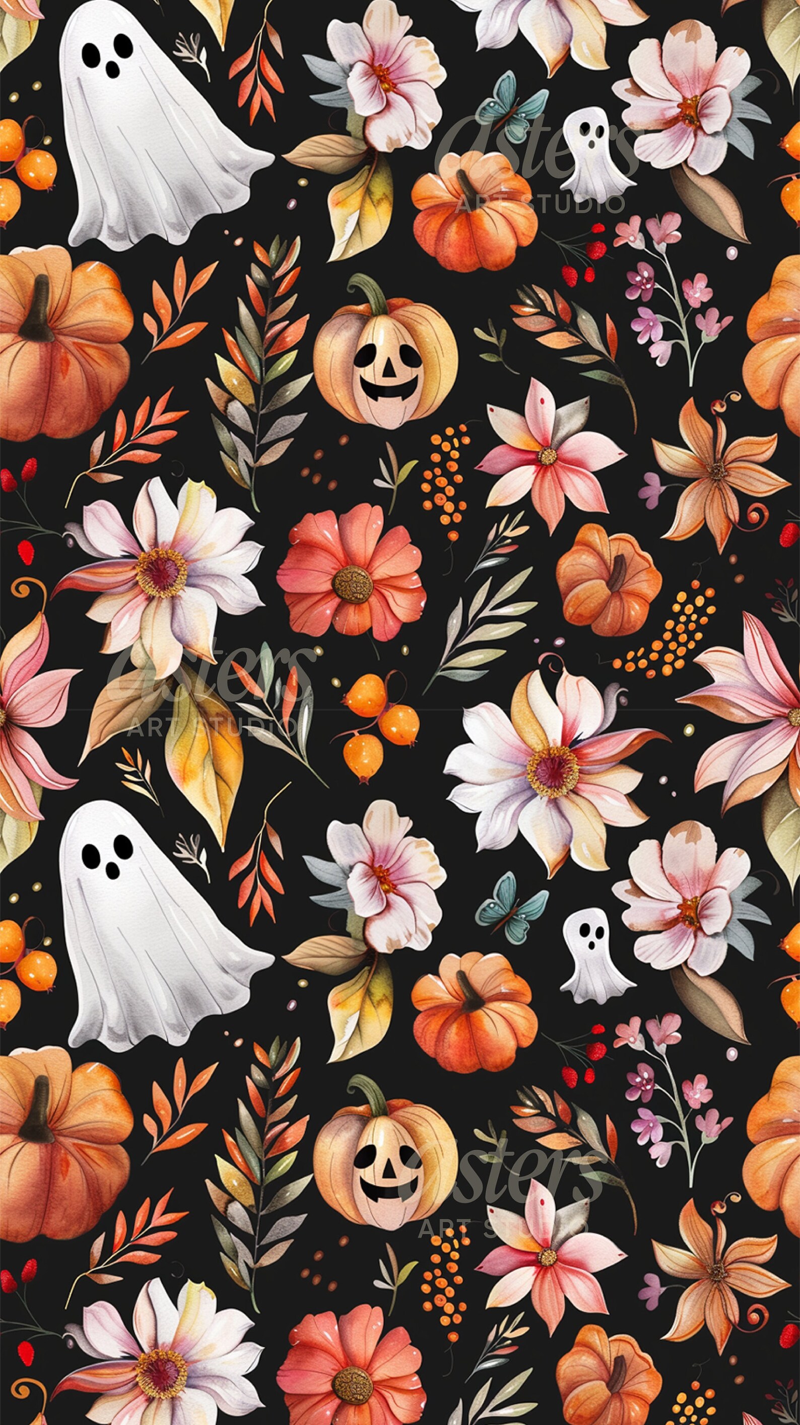 Halloween Floral Ghost Seamless Pattern, Spooky Autumn Pumpkin Digital ...