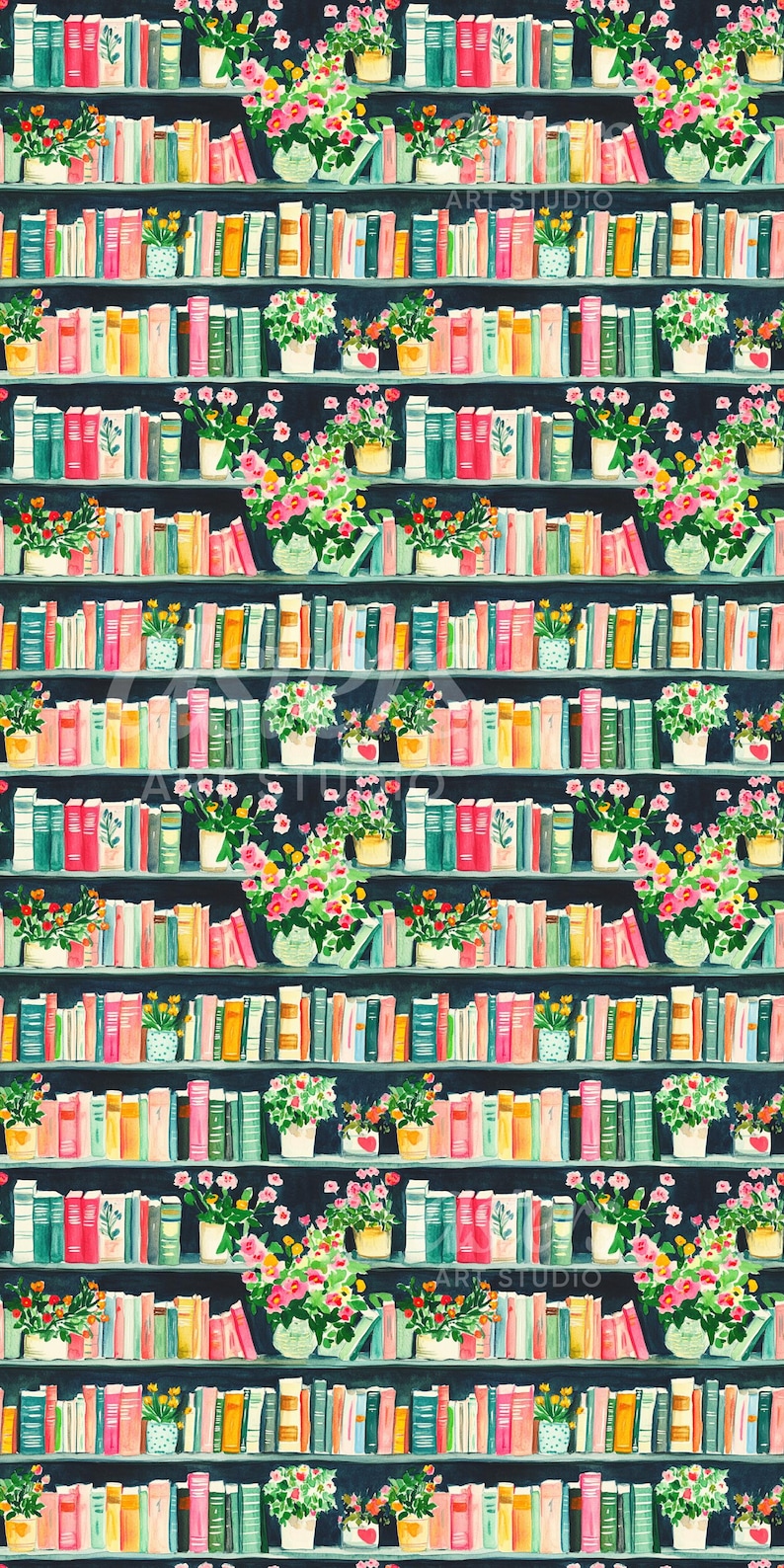 Bookshelf Seamless Pattern Books Flowers Digital Paper Book Lover ...