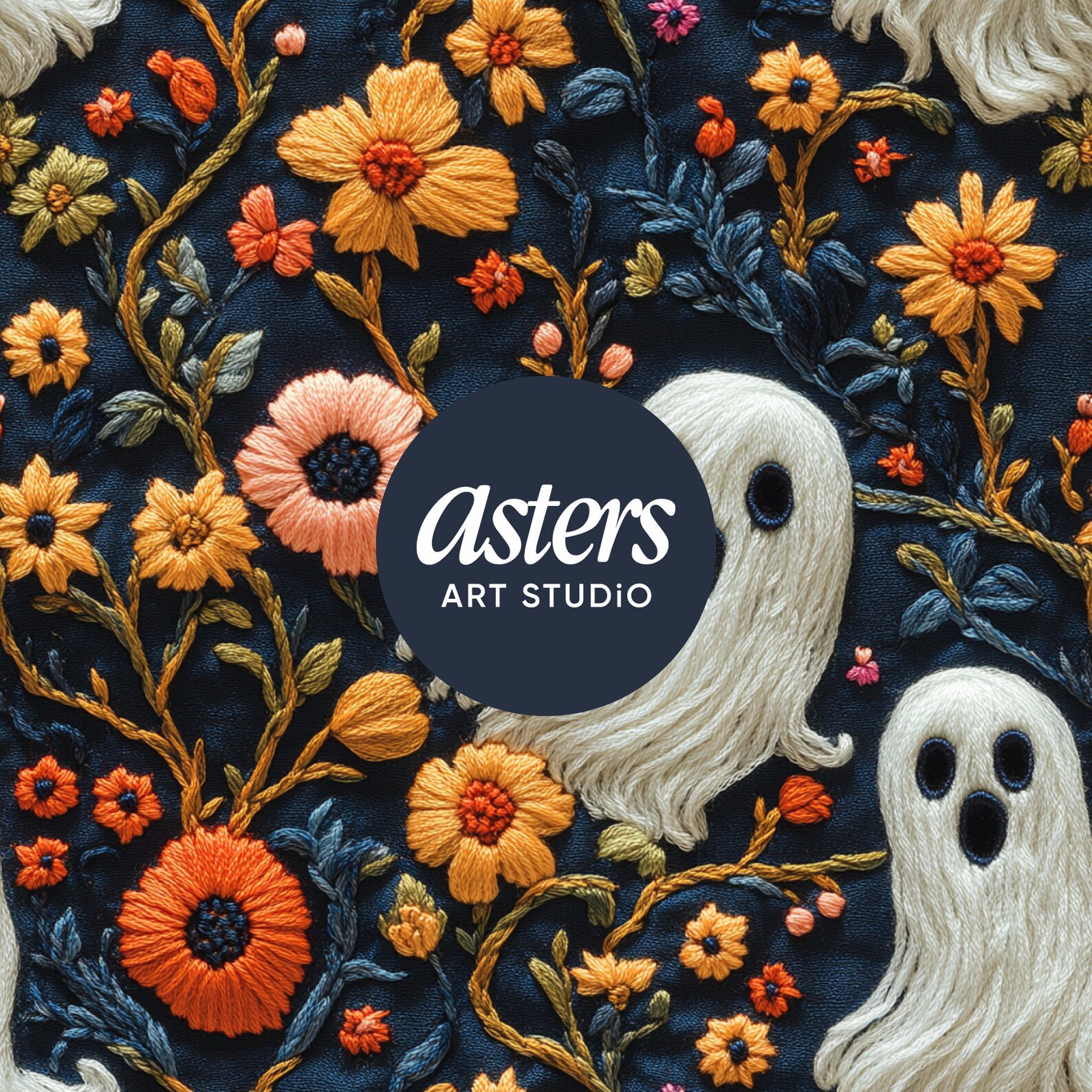 3D Embroidery Halloween Floral Ghost Seamless Faux Embroidery Halloween ...