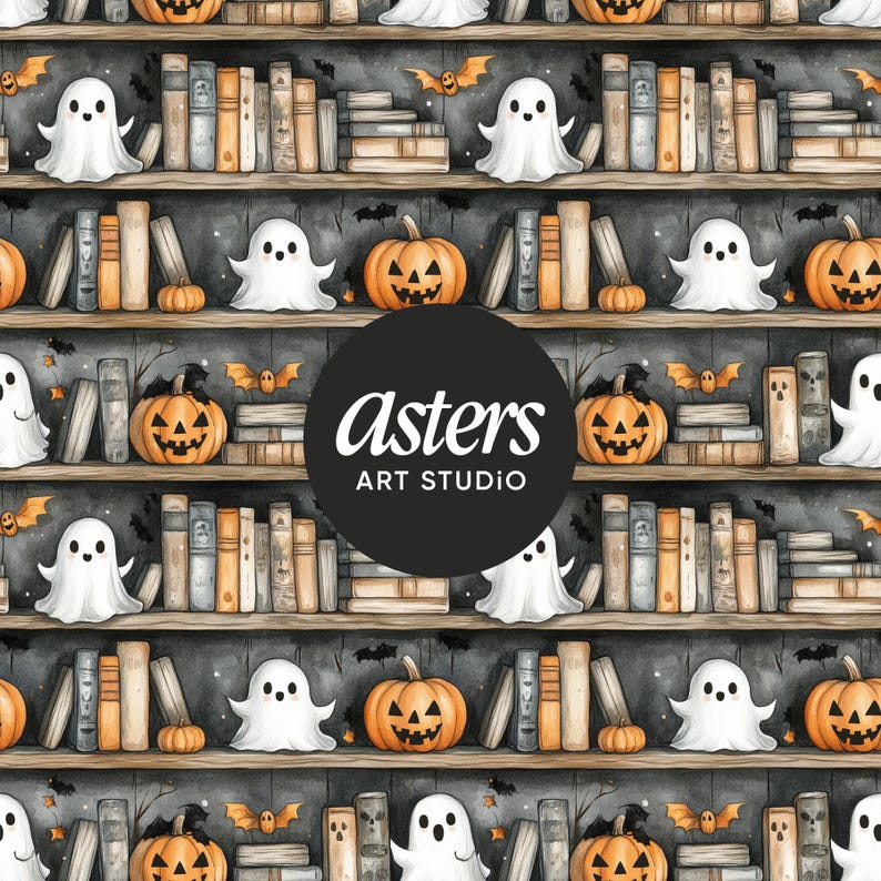 Bookish Ghost Seamless Pattern Haunted Library Digital Paper Book Lover ...