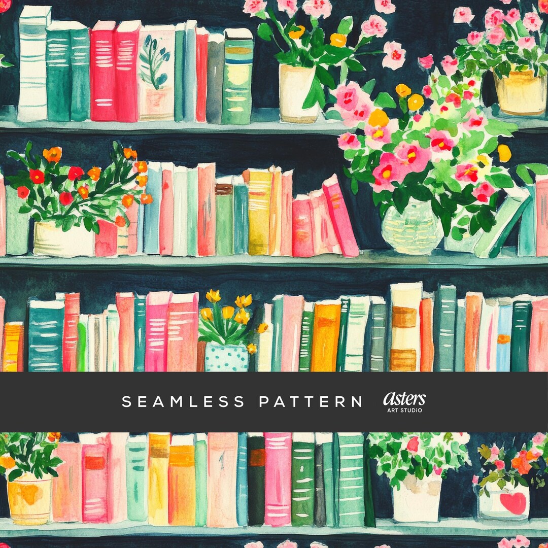 Bookshelf Seamless Pattern Books Flowers Digital Paper Book Lover ...