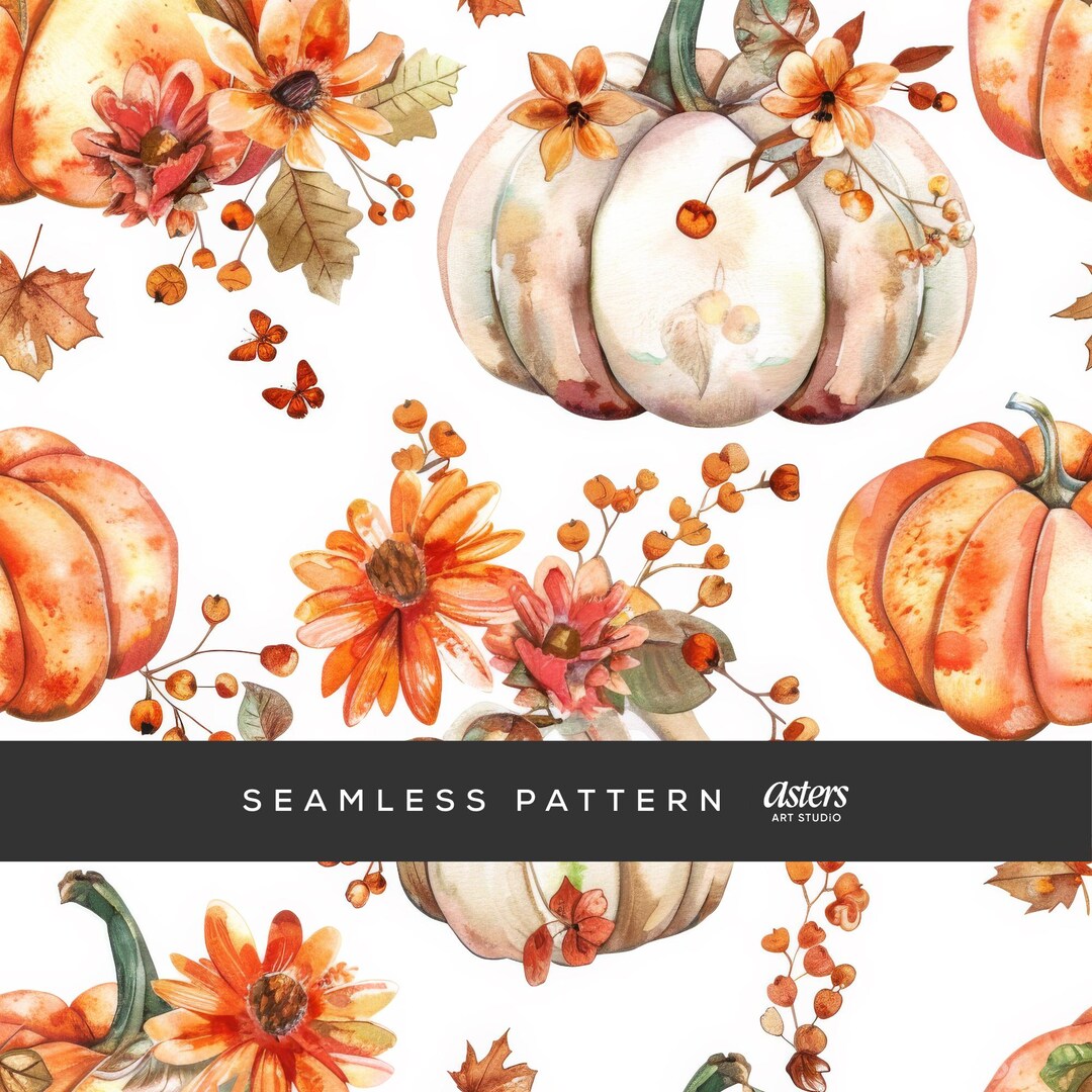 Fall Pumpkin Seamless Pattern, Watercolor Autumn Floral Digital Paper ...