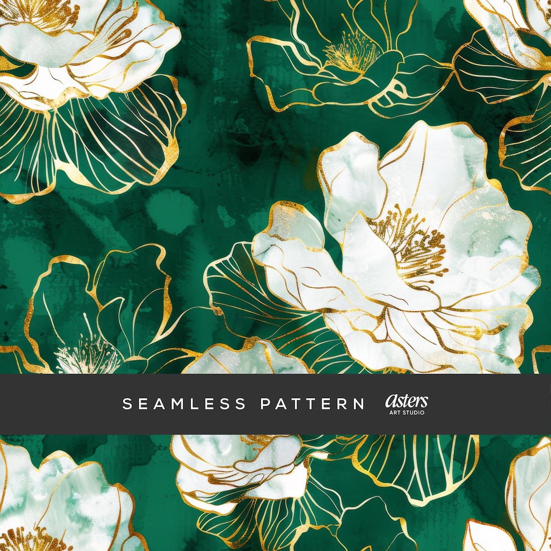 Emerald Green Gold Floral Seamless Pattern, Elegant Watercolor Digital ...