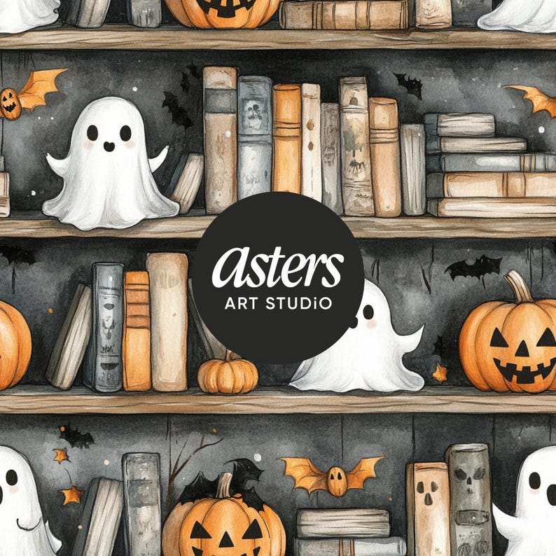 Bookish Ghost Seamless Pattern Haunted Library Digital Paper Book Lover ...