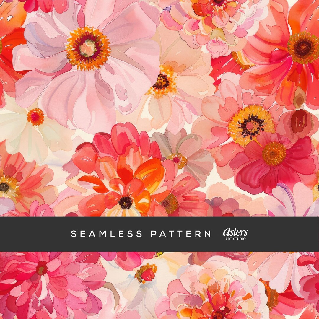 Pink Watercolor Geranium Zinnia Seamless Pattern, Floral Digital Paper, Elegant Spring Flower ...