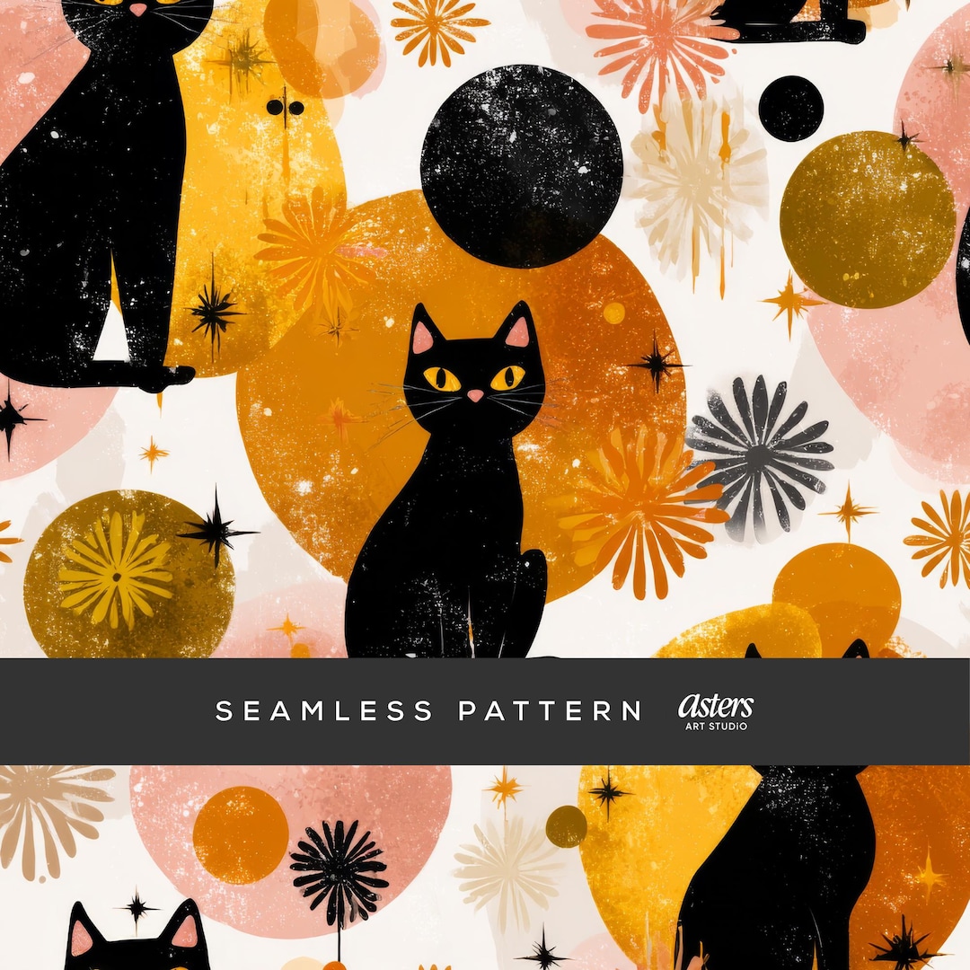 Black Cat Seamless Pattern, Retro Halloween Digital Paper, Vintage Mid ...