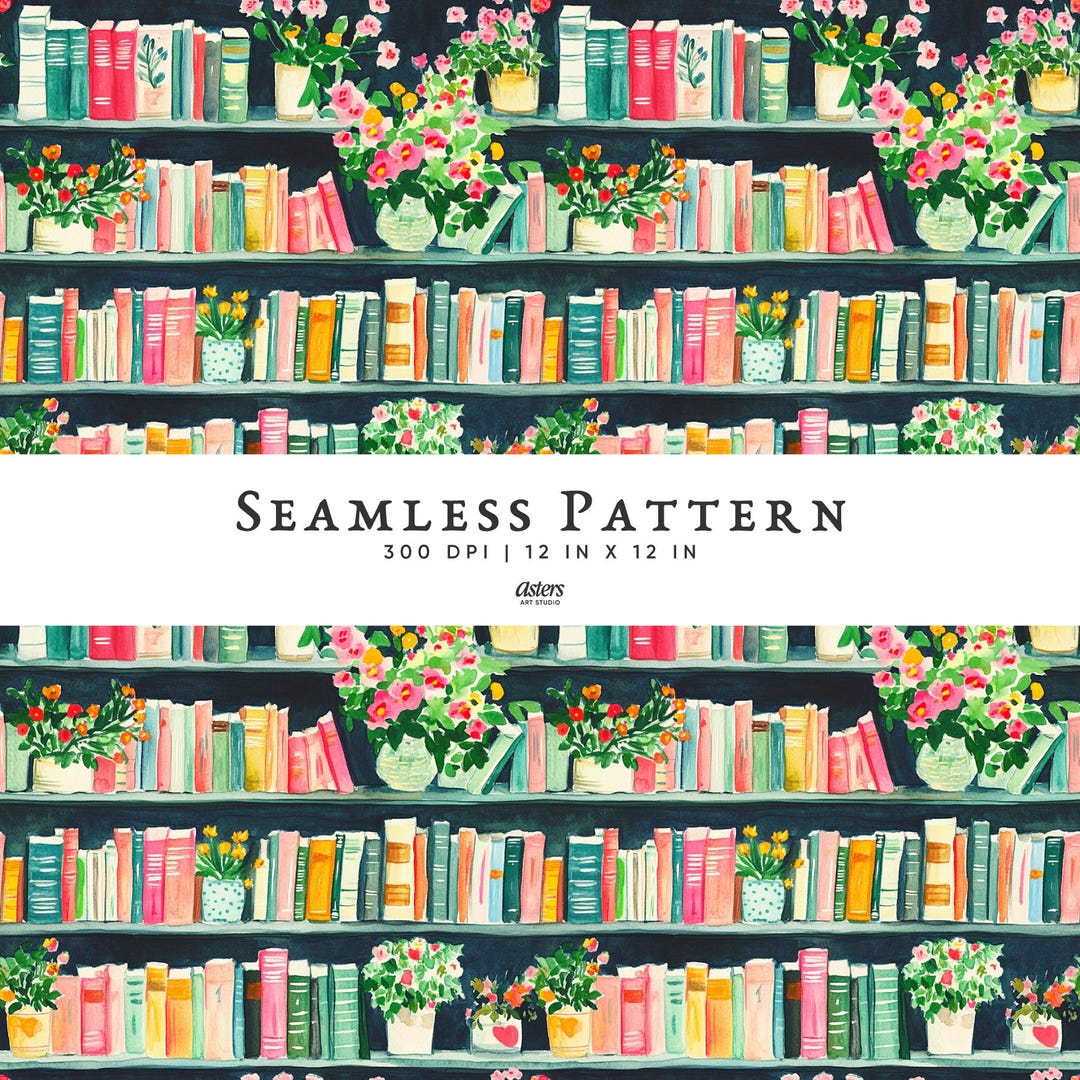 Bookshelf Seamless Pattern Books Flowers Digital Paper Book Lover ...