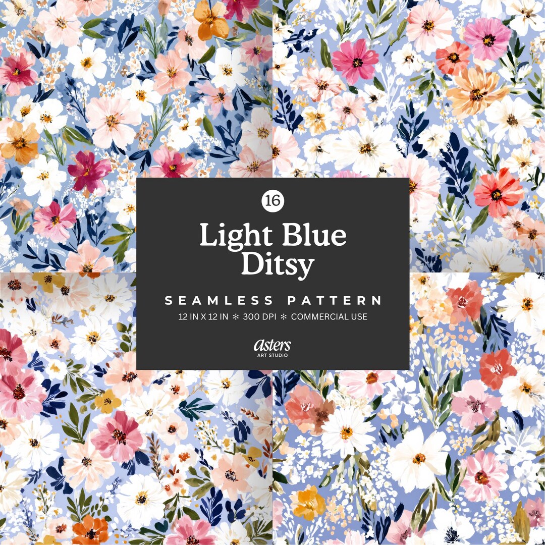 Light Blue Ditsy Floral Seamless Pattern Bundle, Watercolor Wildflower ...