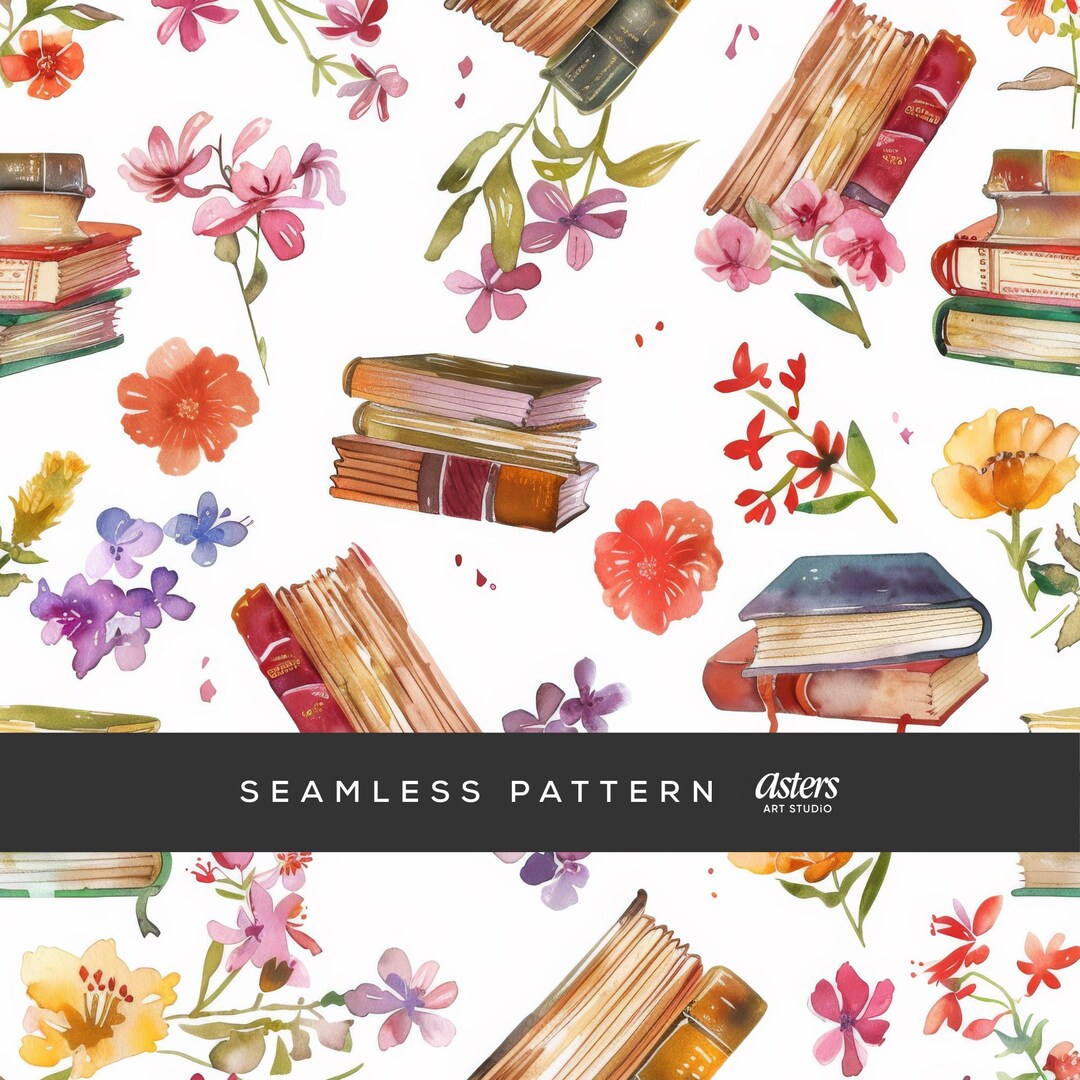 Books Seamless Pattern Book Flowers Digital Paper Book Lover Book ...