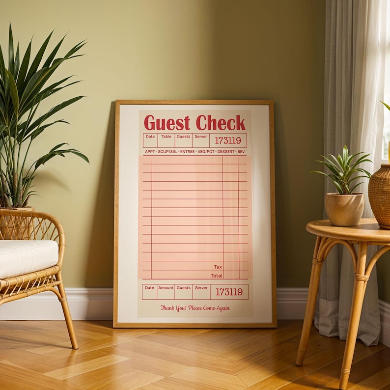 Blank Guest Check Printable Poster, Retro Preppy Receipt Print ...