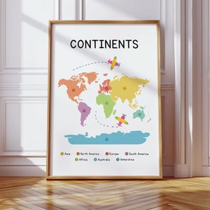 Continents Map Poster for Kids, World Map Wall Art, Montessori ...