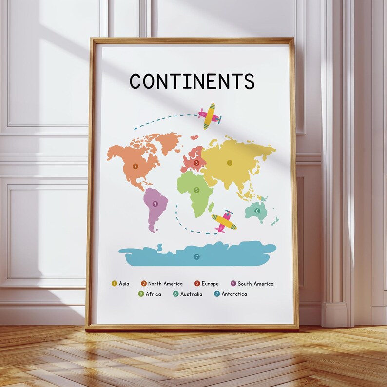 Continents Map Poster for Kids, World Map Wall Art, Montessori ...